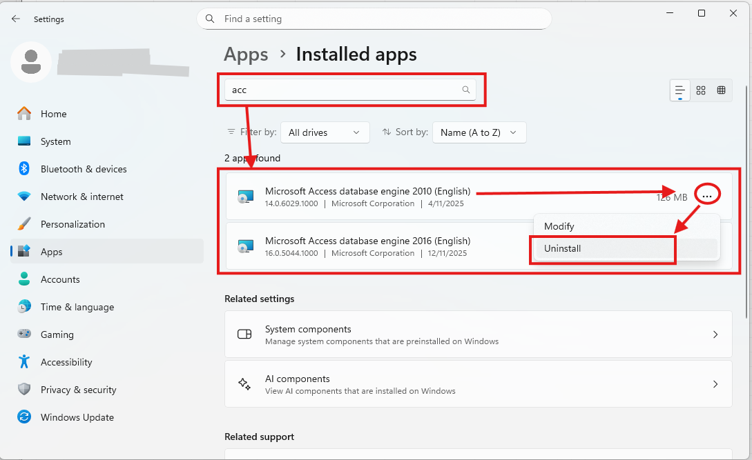 How to remove and re-install Microsoft Access database engine